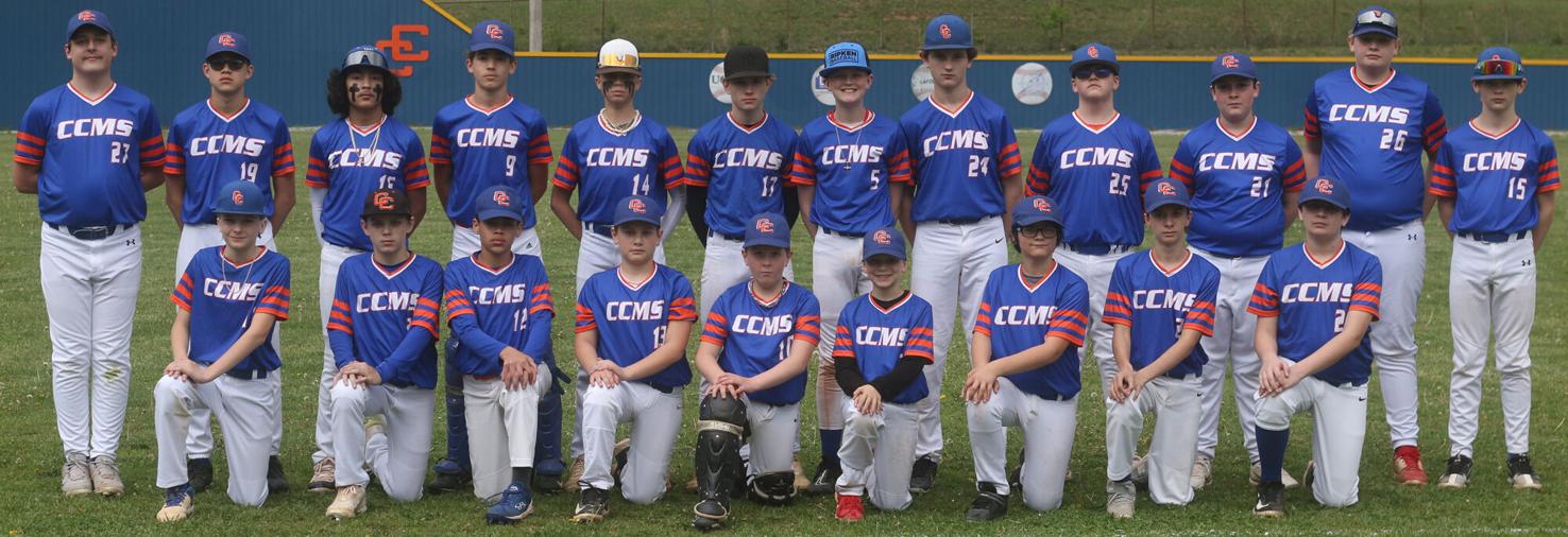 The 2024 CCMS baseball team: #3 Liam Ethan Sykes, #5 Bailey Barnard, #9 ...