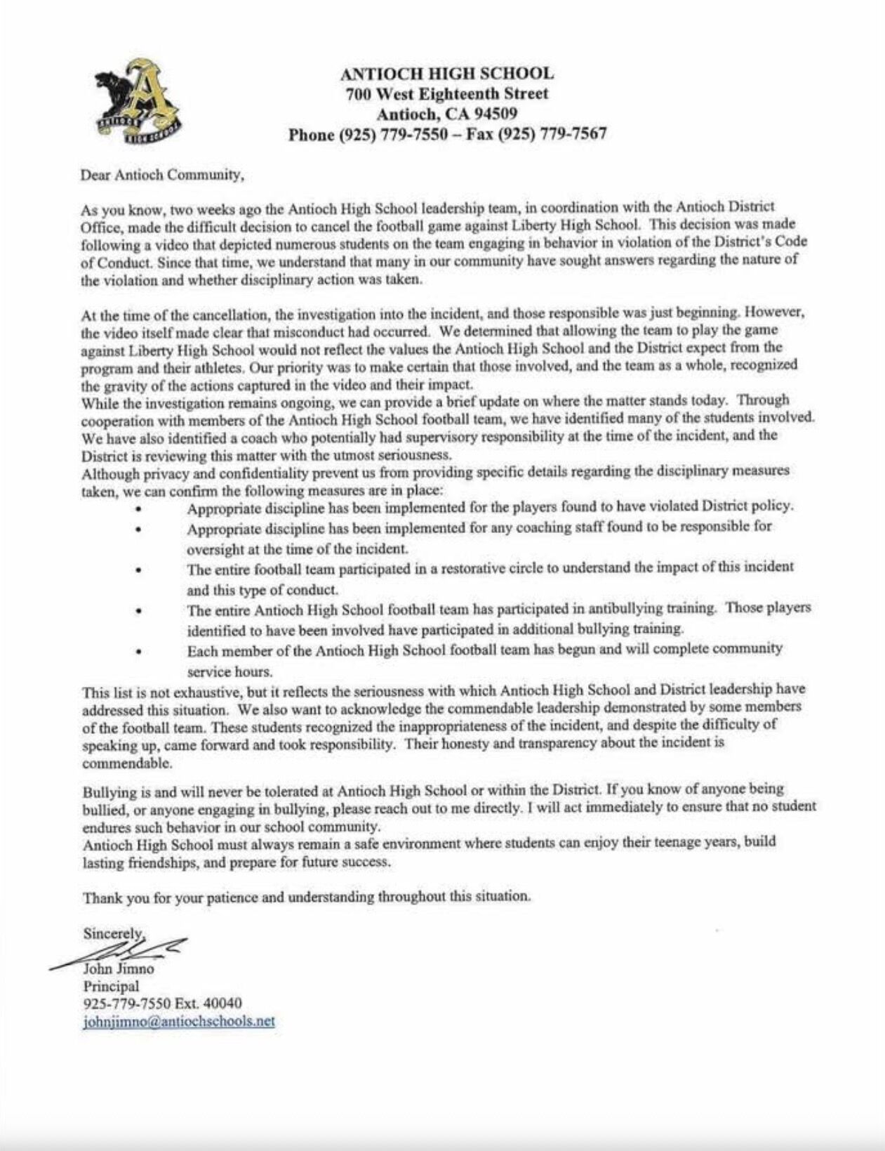 Antioch High principal breaks silence on football team’s hazing ...