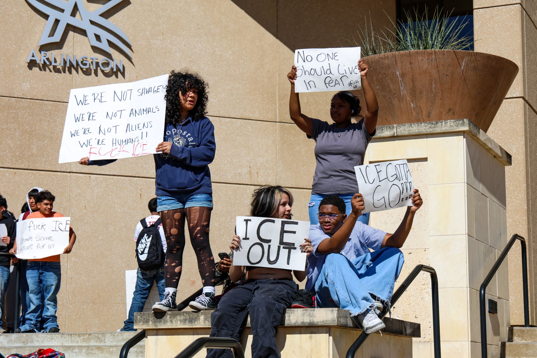 High school students protest ICE outside Arlington City Hall | City ...