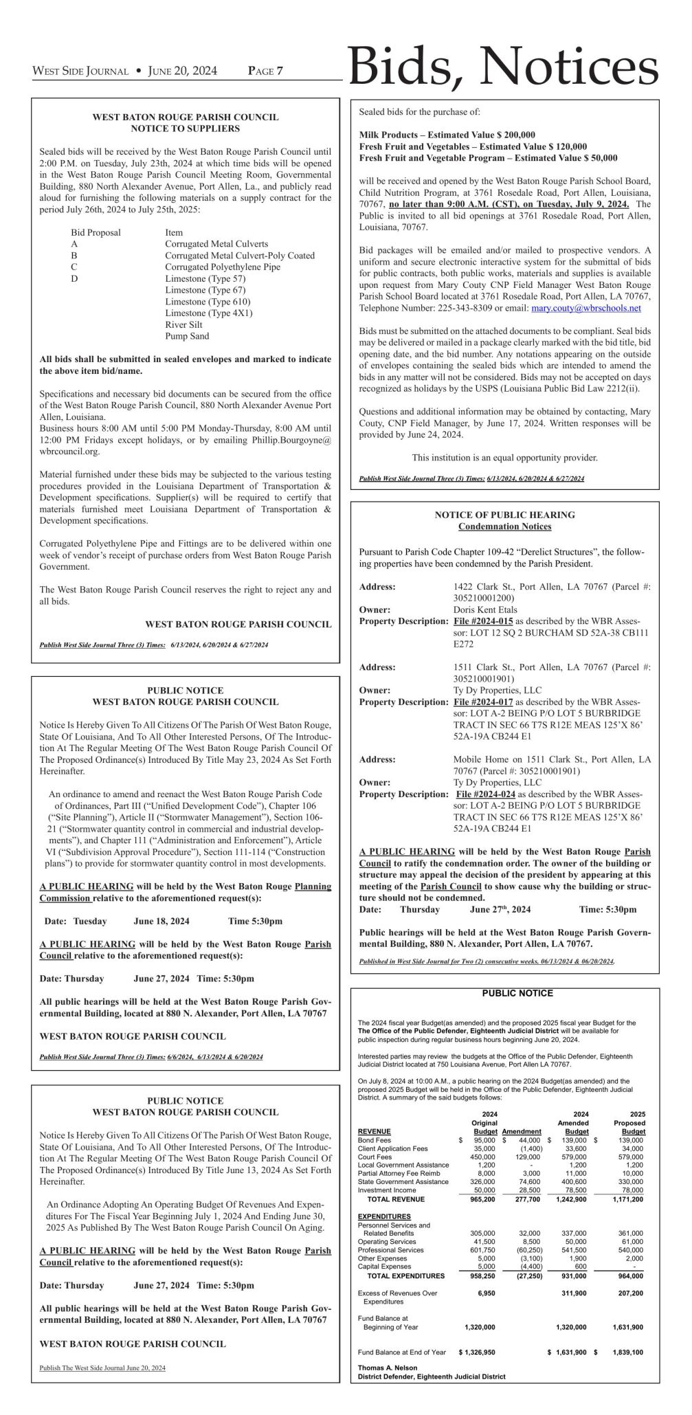 06.20.24 Bids & Notices | Legal Notices | thewestsidejournal.com