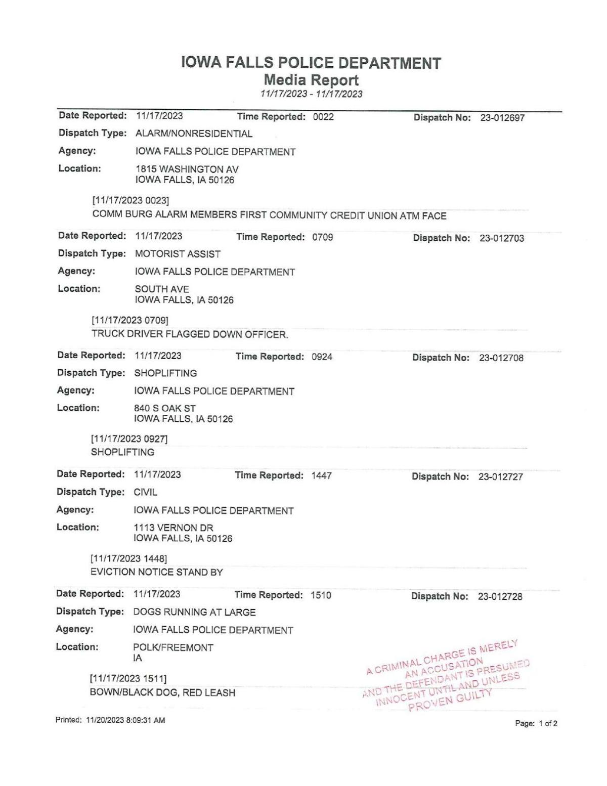 Nov. 17, 2023 Iowa Falls Police Log | | timescitizen.com