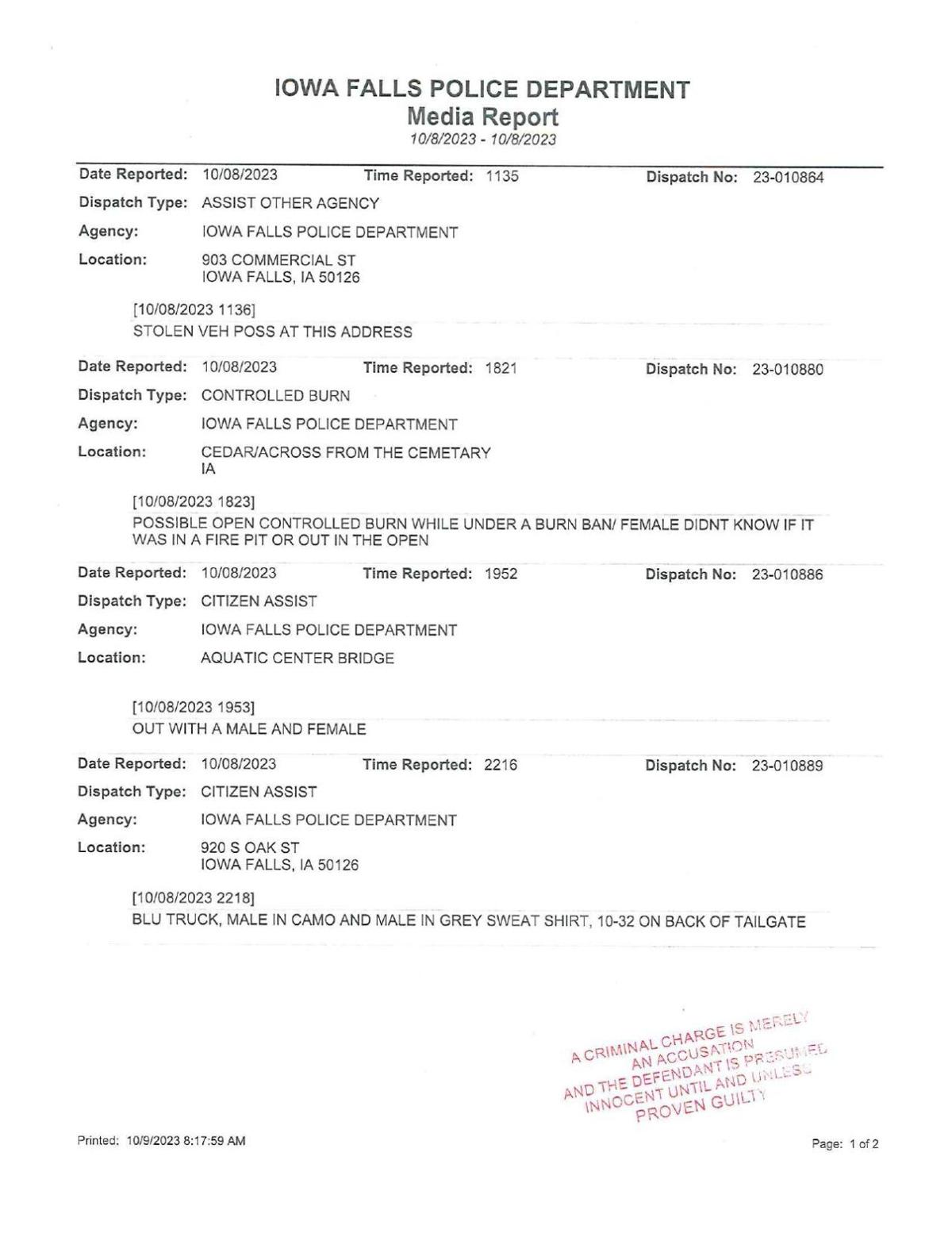 Oct. 8, 2023 Iowa Falls Police Log | | timescitizen.com
