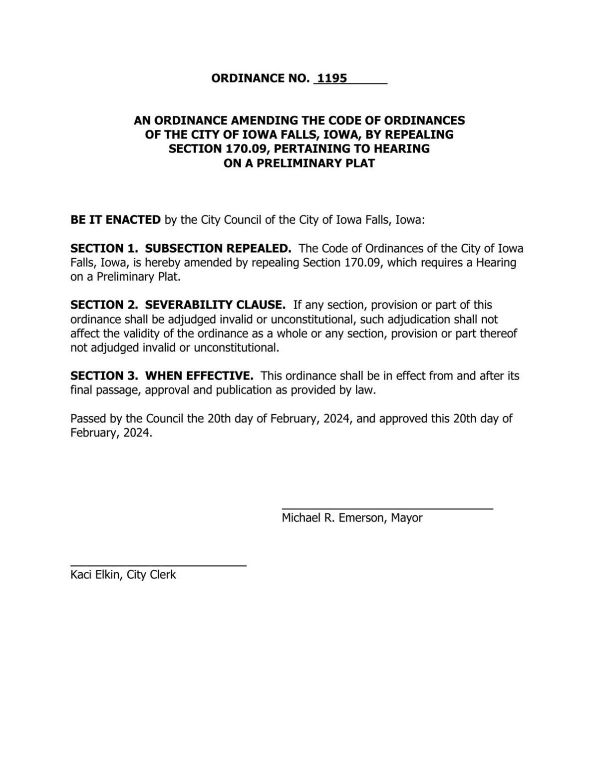 ORDINANCE NO. 1195 | Public Notices | timescitizen.com