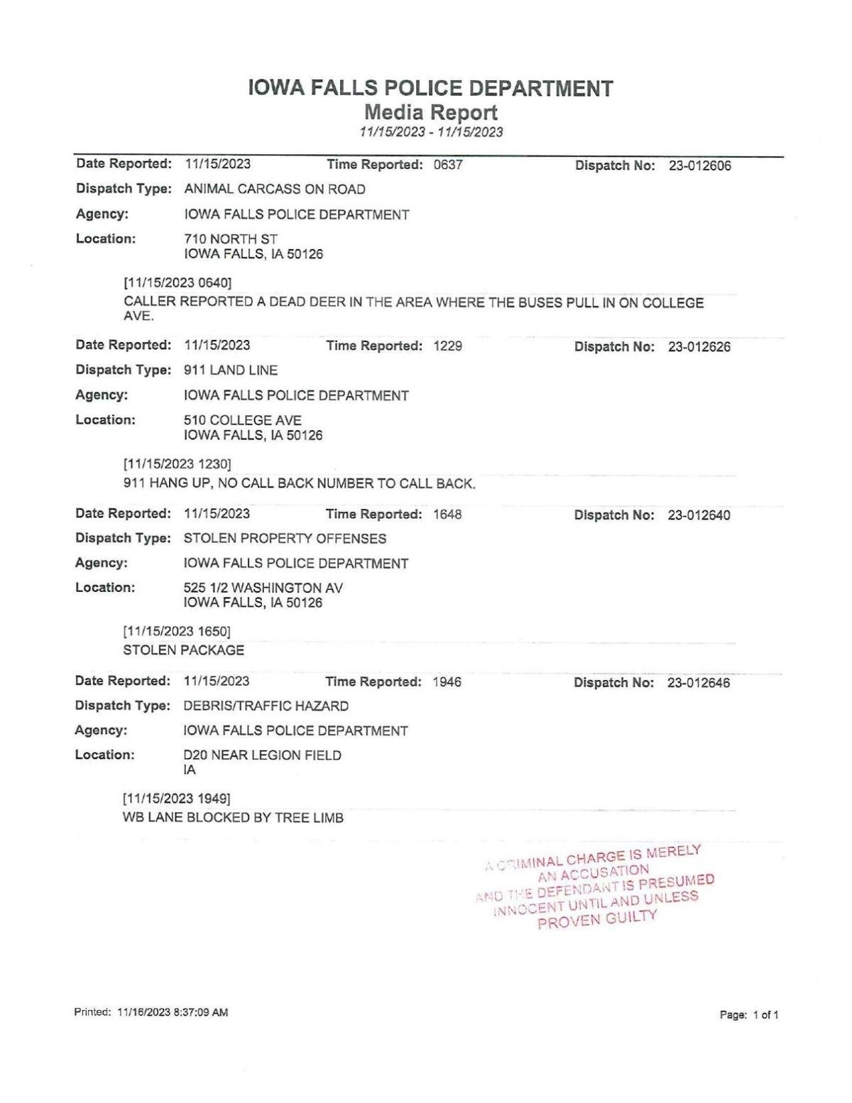 Nov. 15, 2023 Iowa Falls Police Log | | timescitizen.com