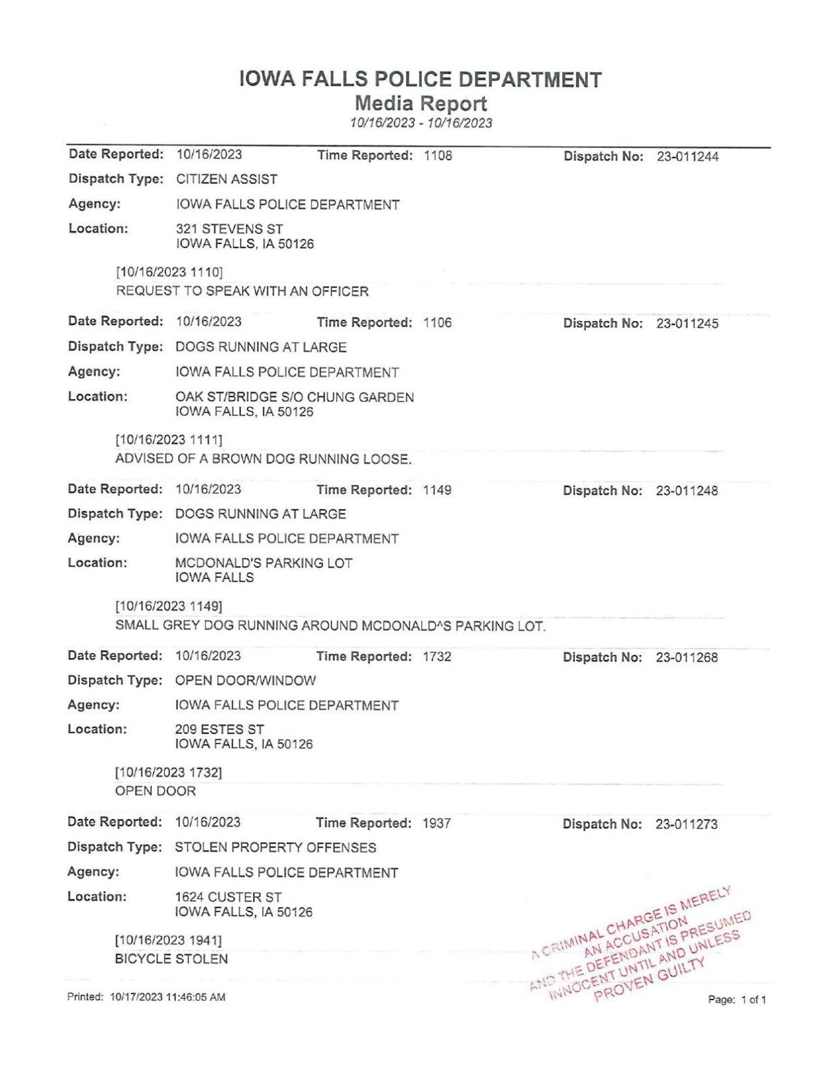 Oct. 16, 2023 Iowa Falls Police Log | | timescitizen.com