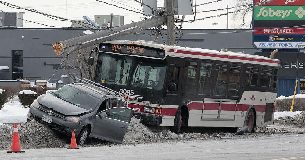 One person sent to hospital after TTC bus hits hydro pole on The Queensway
