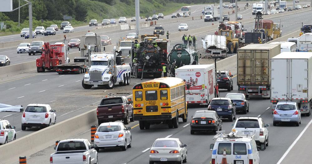 Fiery crash closes eastbound lanes of Hwy. 401 approaching Neilson Rd.