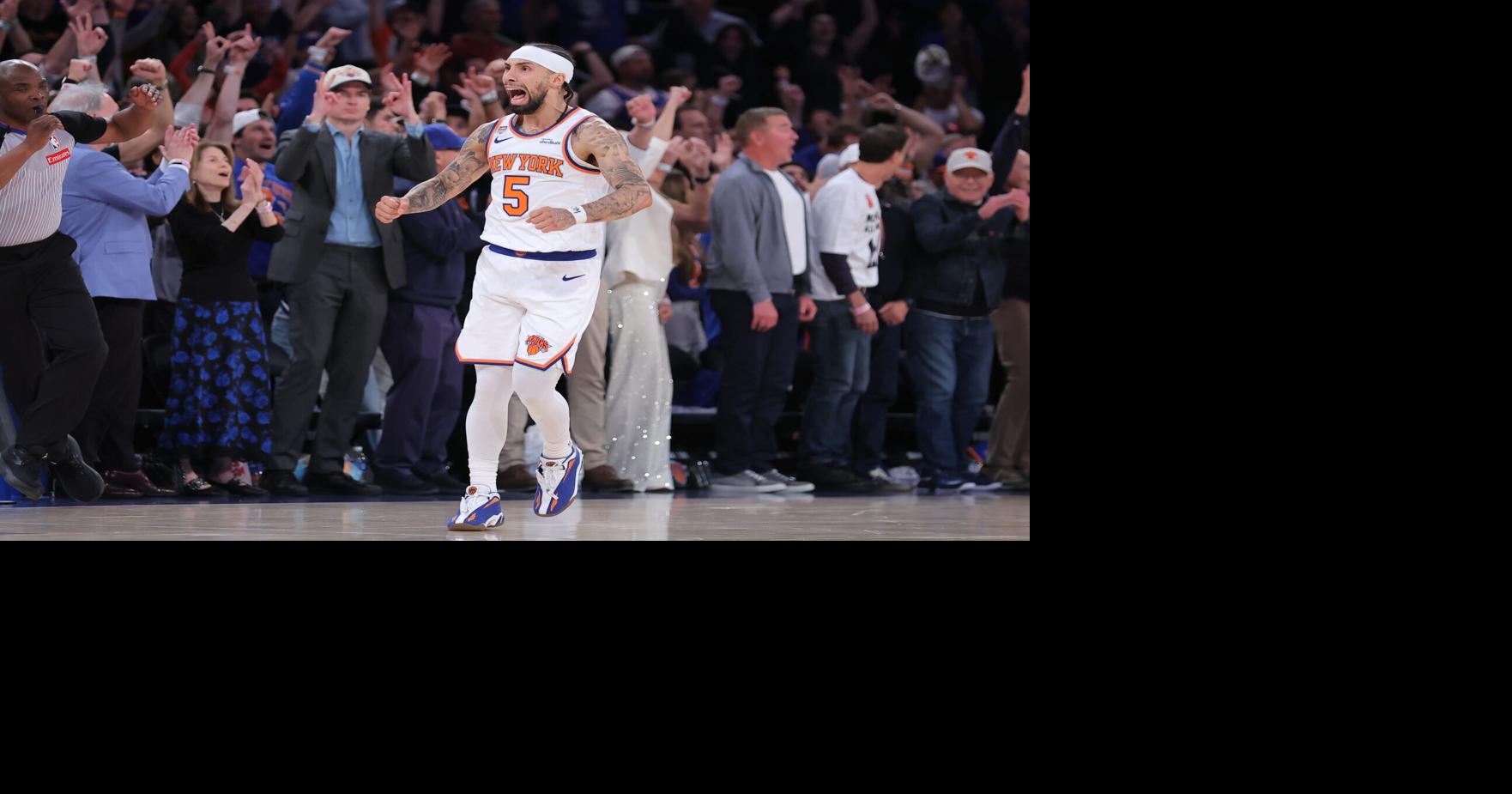 New York Knicks guard Jose Alvarado (5) reacts in the fourth quarter ...