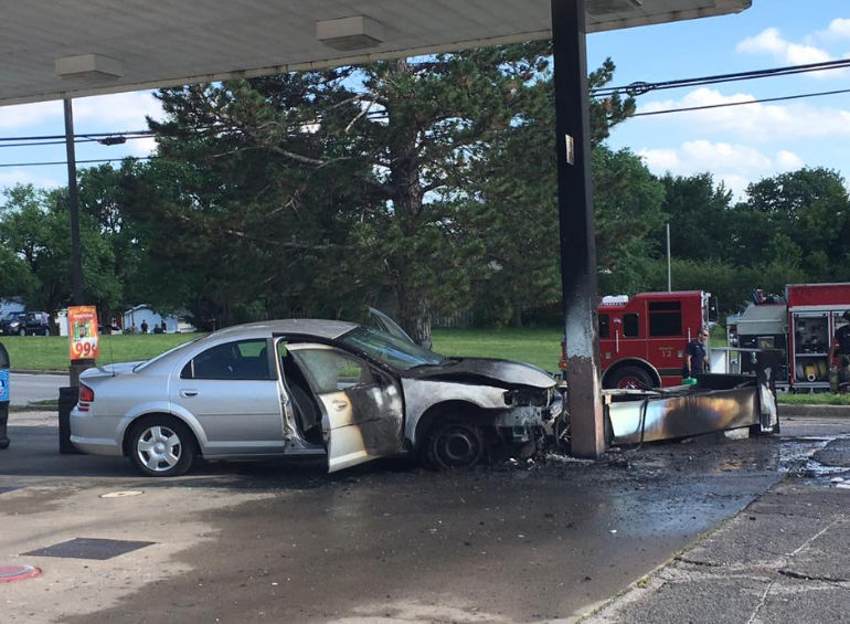 Teen hits gas pump, causes fire