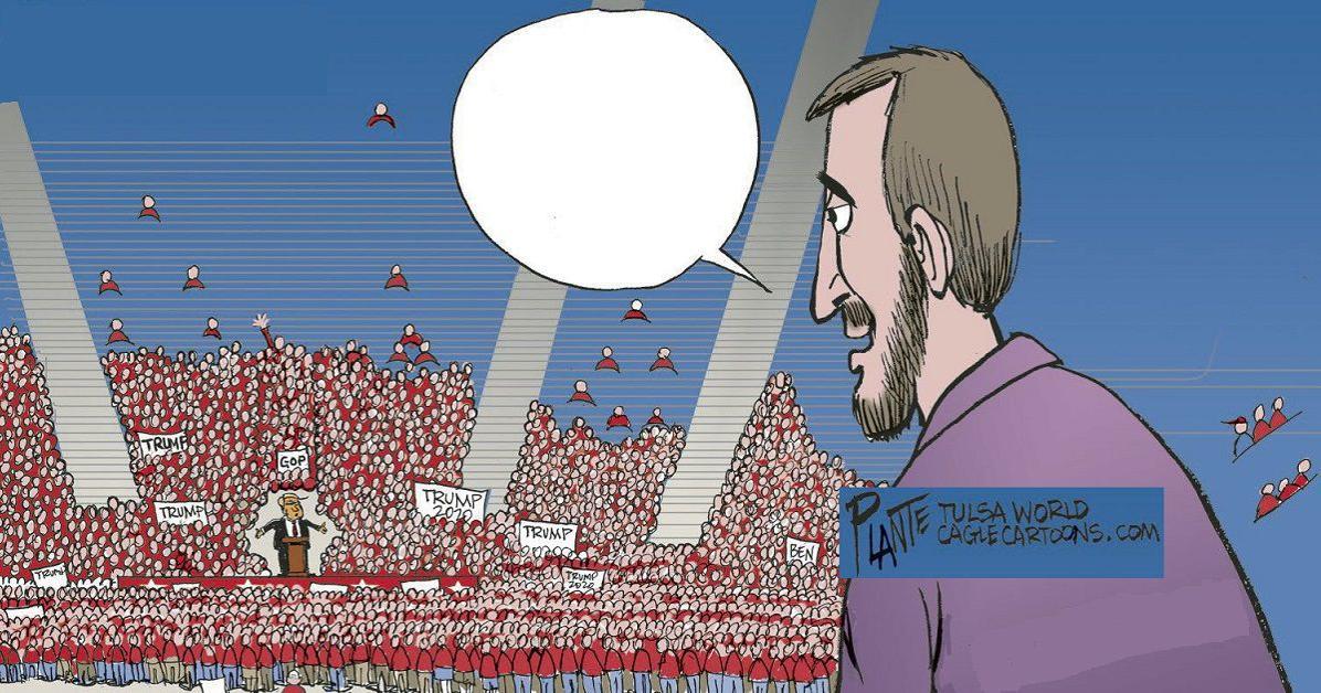 Bruce Plante cartoon: Trump in Tulsa with empty seats