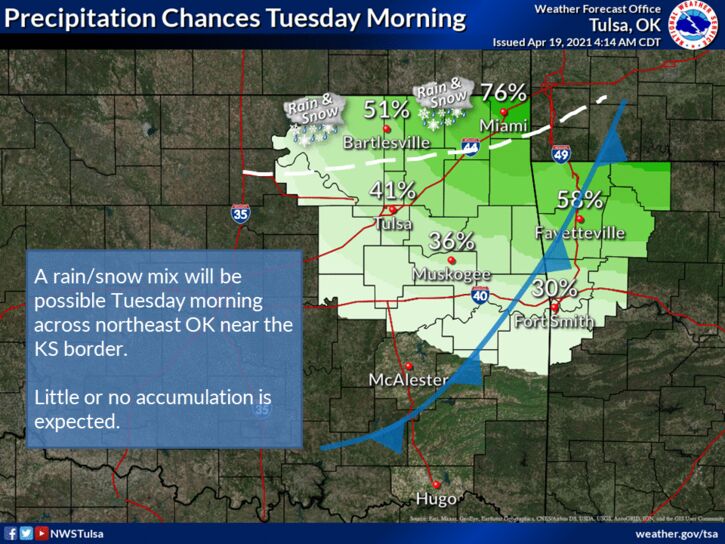Chance of rain/snow mix north of Tulsa on Tuesday morning; area under ...