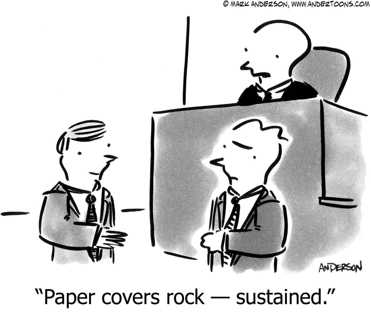 Legal cartoon: Paper, rock, scissors....