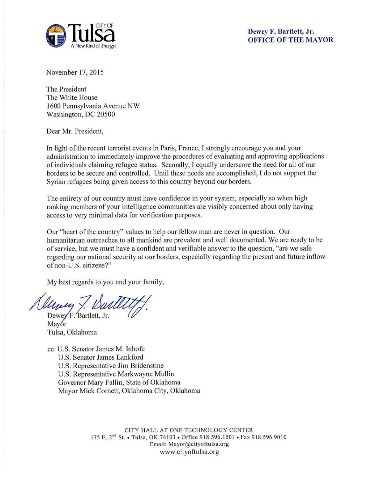 Dewey Bartlett's letter to President Obama