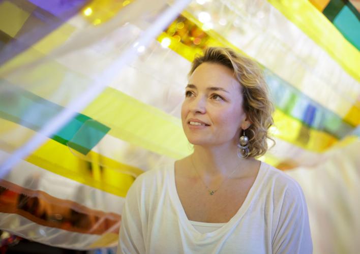 Colorful textile art installed at Gathering Place