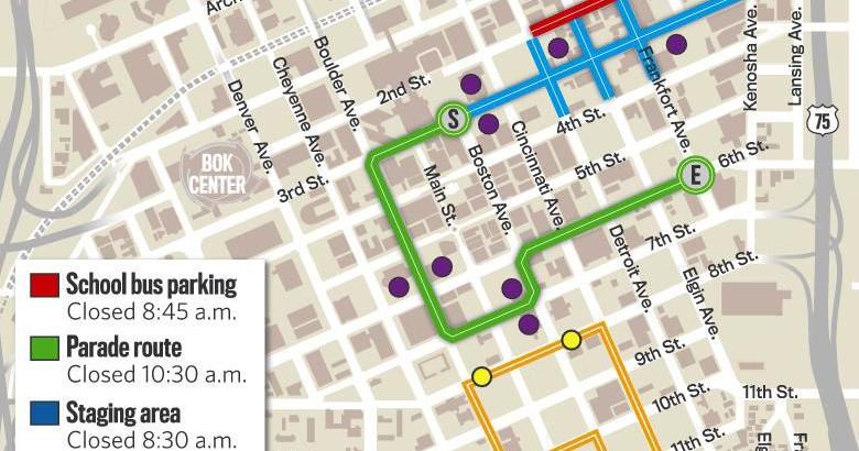 See the Tulsa Veterans Day Parade route. The parade starts at 11 a.m.