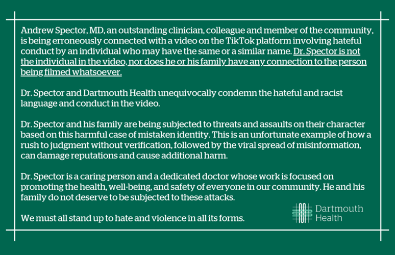 Dartmouth Health says doctor misidentified as man using racist slurs in ...