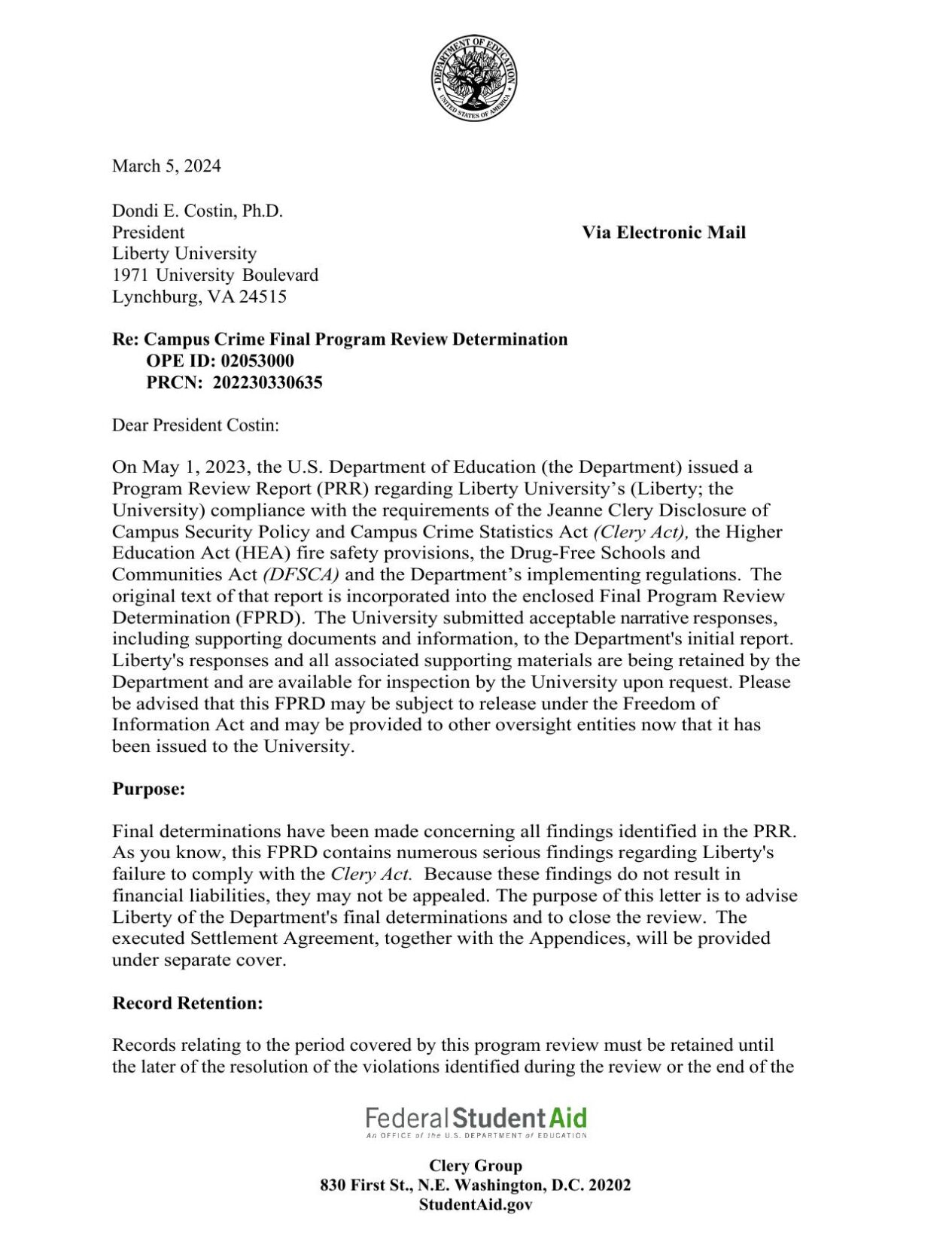 Liberty University letter, March 5, 2024 | | unionleader.com