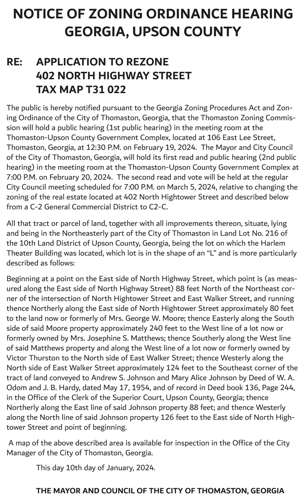 NOTICE OF ZONING ORDINANCE HEARING - GEORGIA, UPSON COUNTY | Legal ...