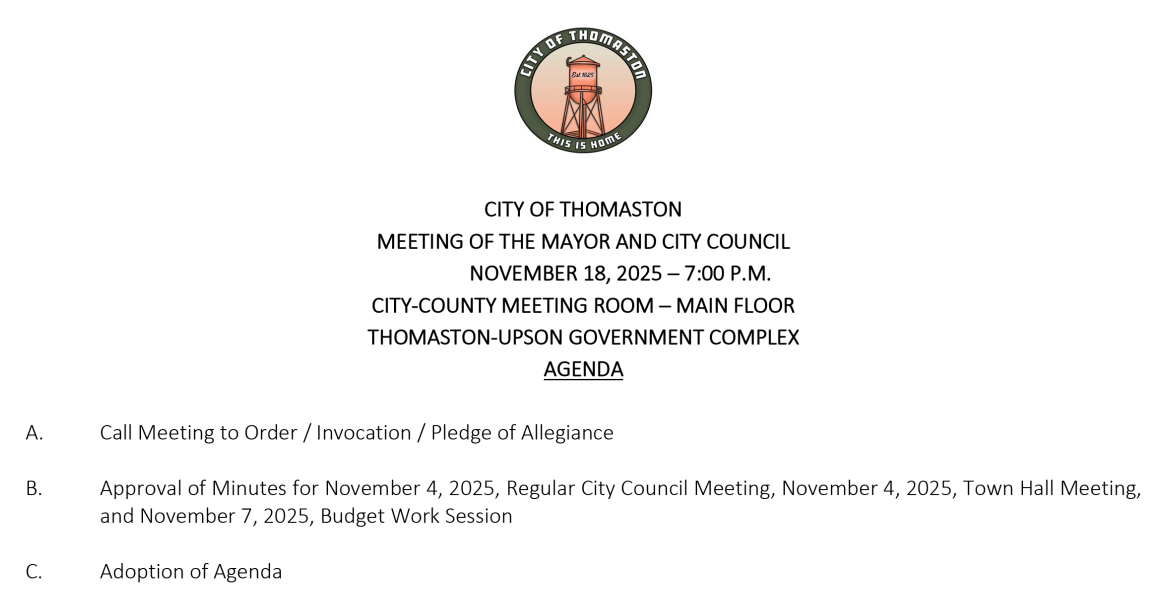 Thomaston City Council Meets Nov. 18 | Government | upsonbeacon.com