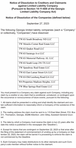 NOTICE OF DISSOLUTION TO CREDITORS AND CLAIMANTS AGAINST LIMITED ...