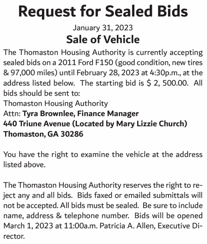 Request for Sealed Bids - Sale of Vehicle - Thomaston Housing Authority ...