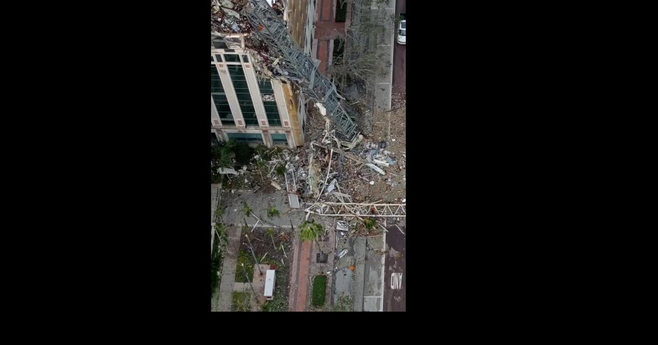 Drone video of crane, Tropicana Field destruction by Hurricane Milton ...