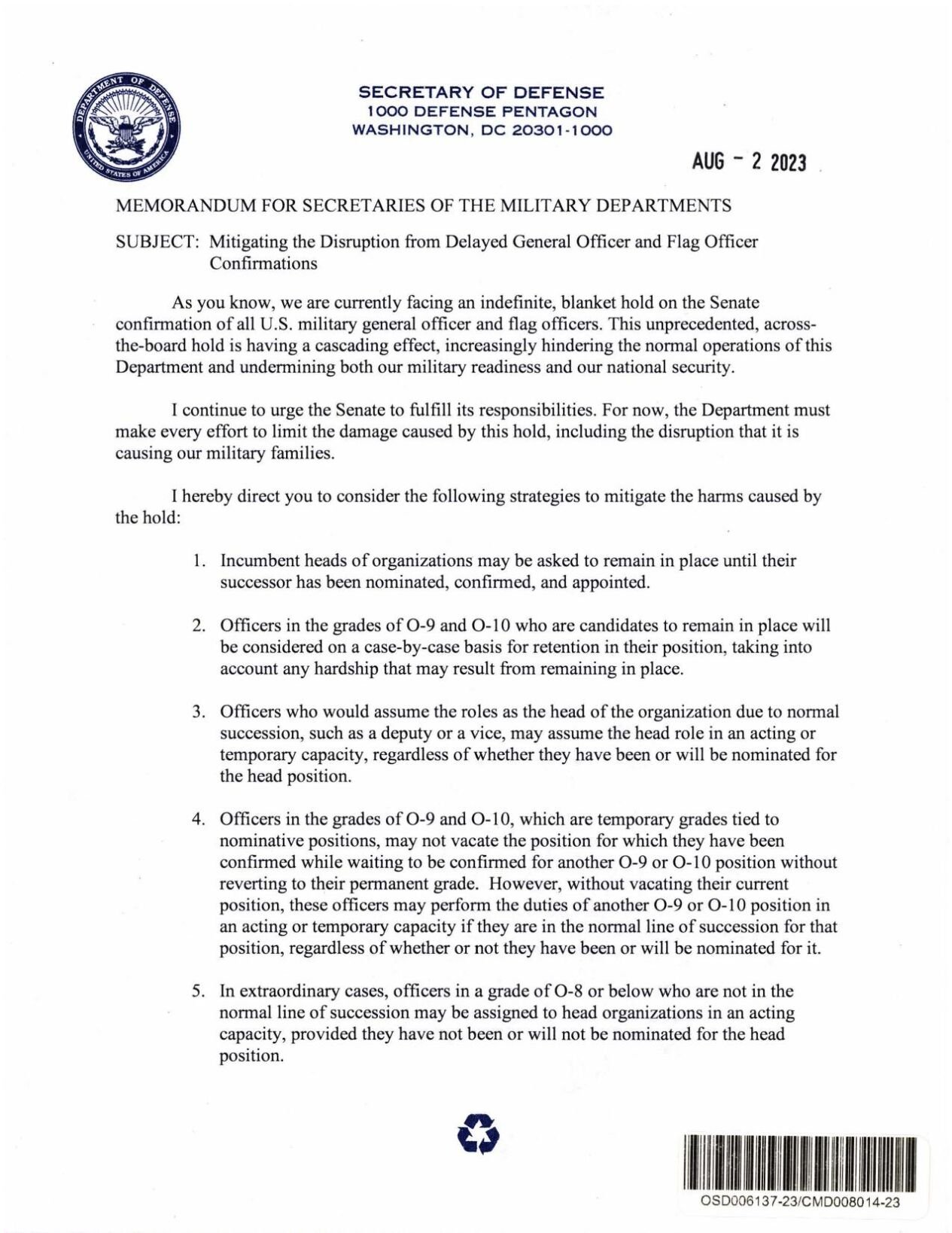 Defense secretary issues memo on how to reshuffle Pentagon leadership ...