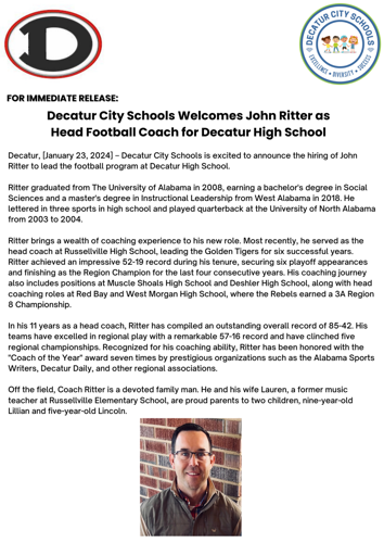 Decatur High School names John Ritter as new head football coach ...