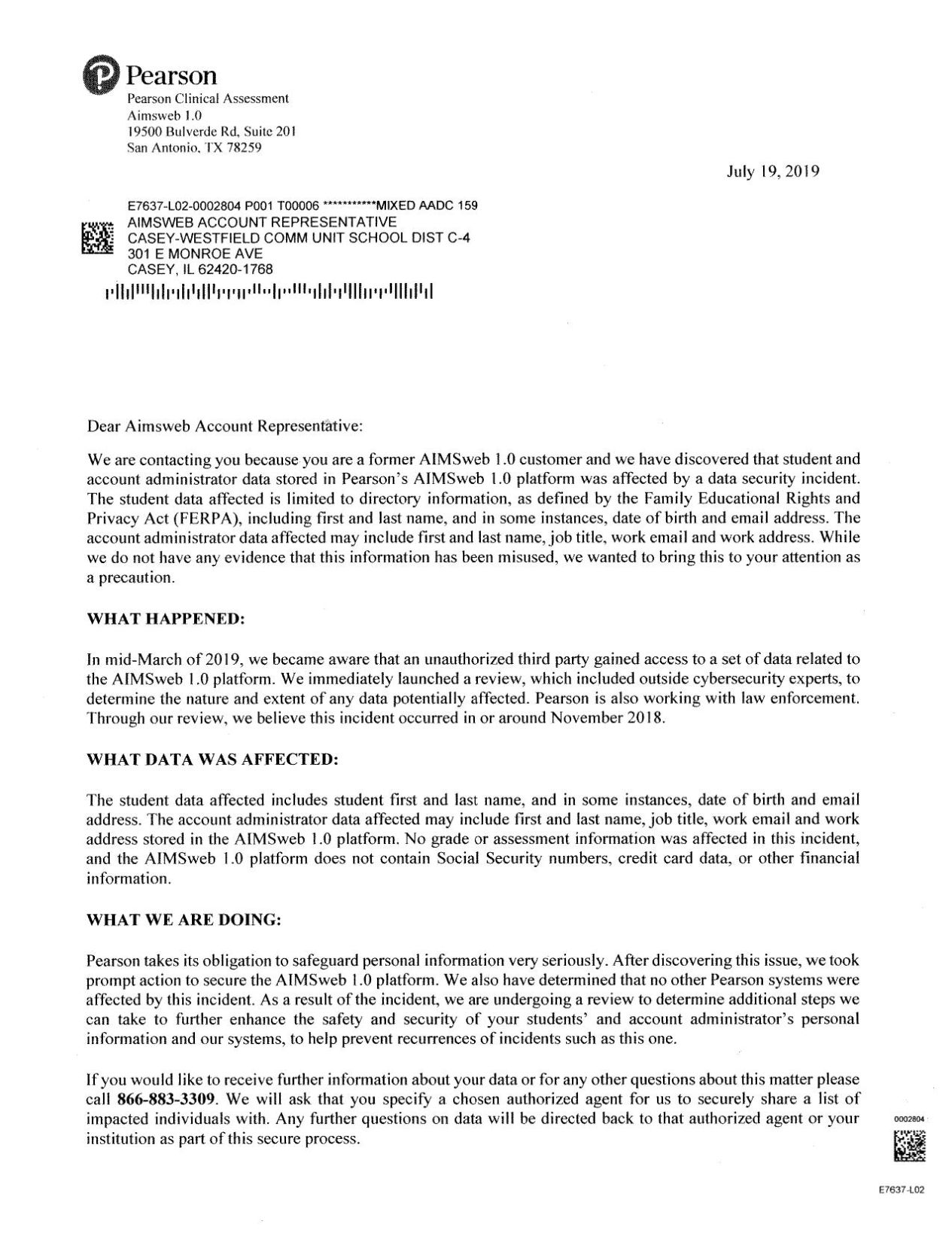 Pearson letter - AIMSweb data breach | | wandtv.com