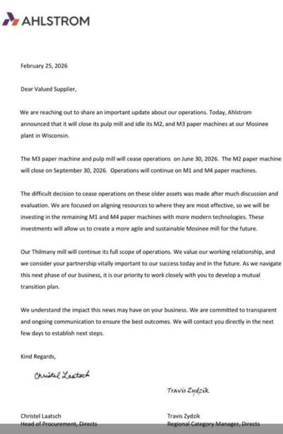 Ahlstrom to close, idle part of Mosinee facility | News | waow.com