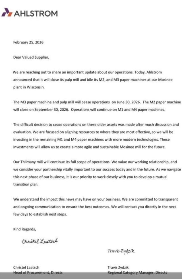 Ahlstrom to close, idle part of Mosinee facility | News | waow.com