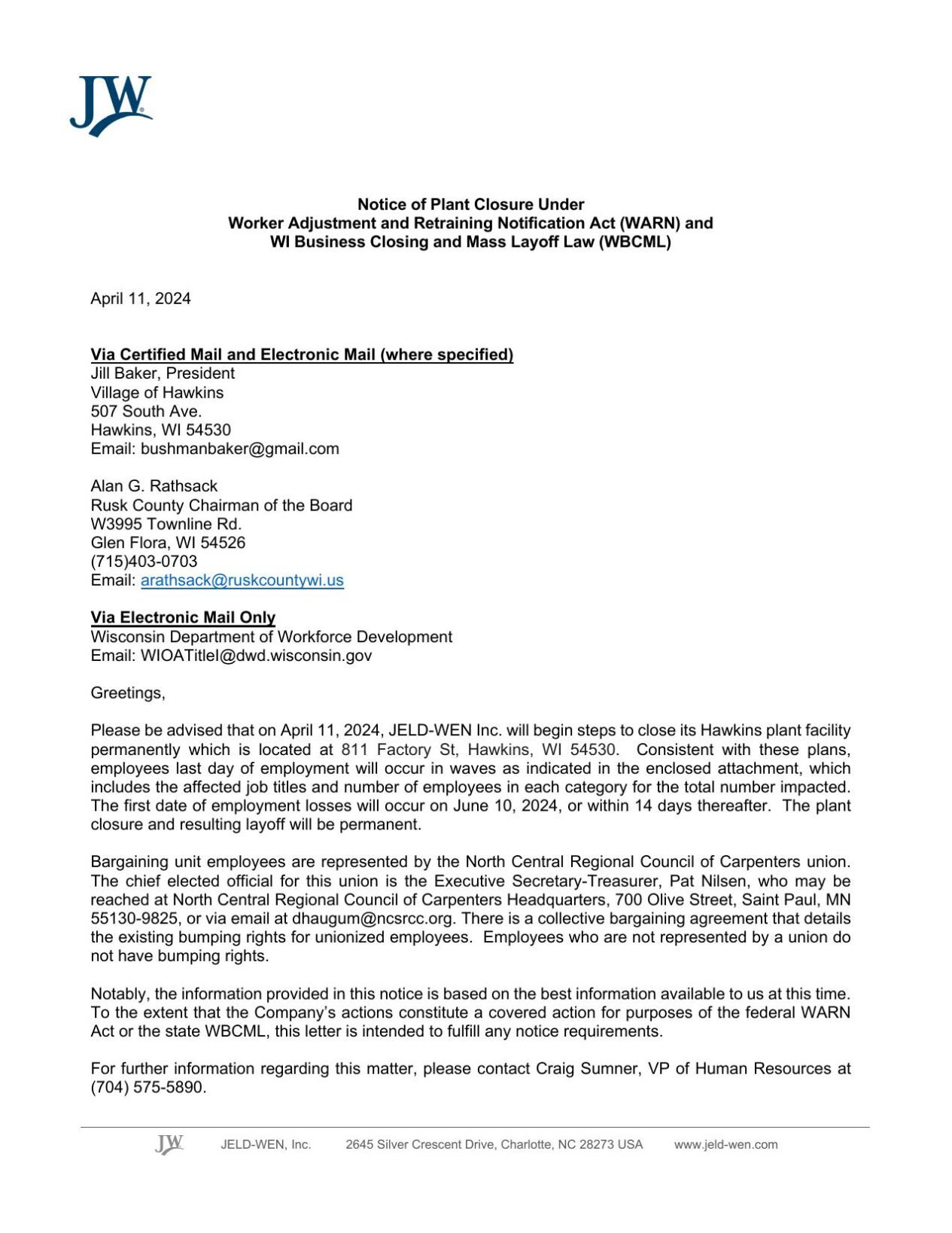 Jeld-Wen plant closure in Hawkins will result in 338 layoffs, which will begin in June ...