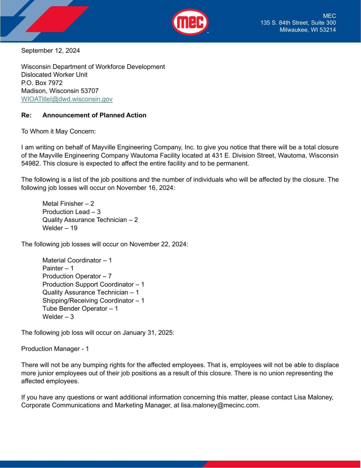 Metal fabrication plant closing in Wautoma, 43 people losing jobs ...