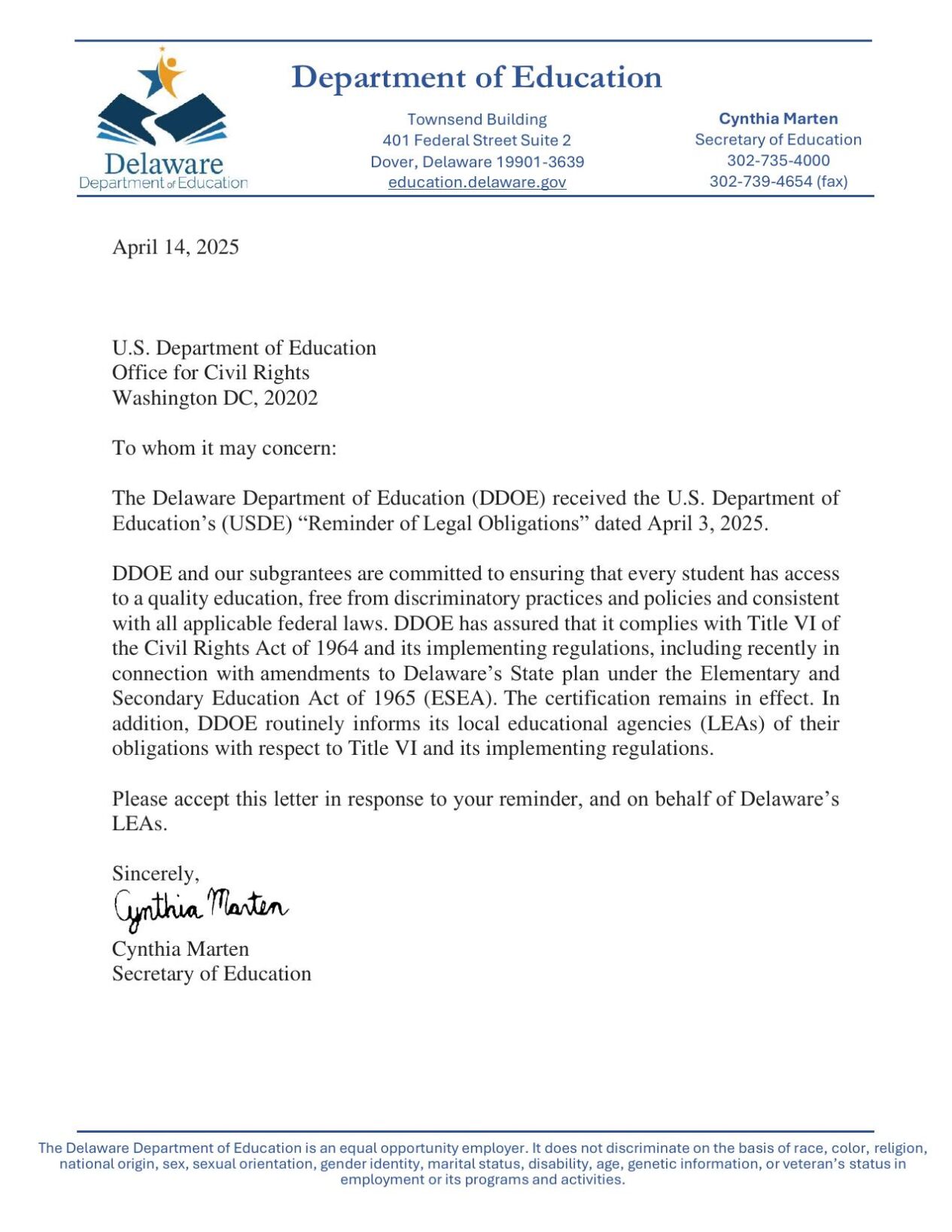 Delaware Education Secretary responds to federal DOE Civil Rights ...