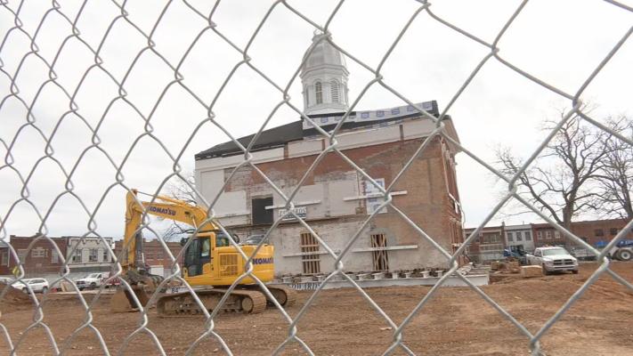 Historic Oldham County Courthouse lifted off foundation ahead of its ...