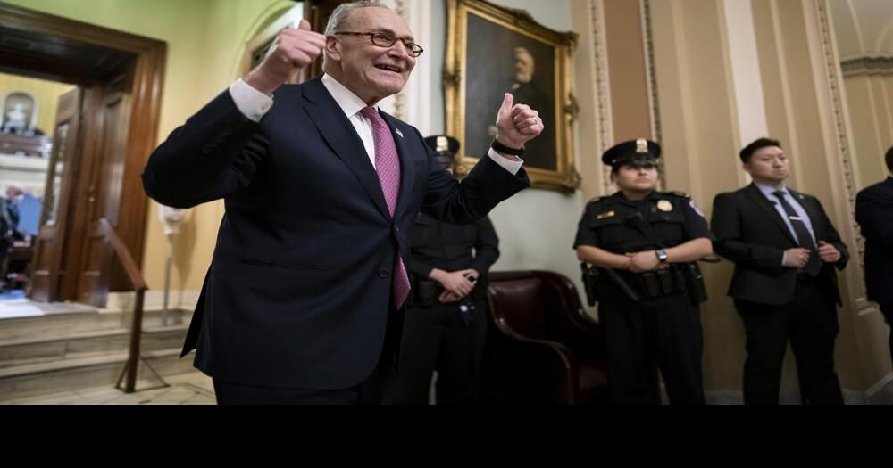 Senate Majority Leader Chuck Schumer emerges from the chamber.jpeg ...
