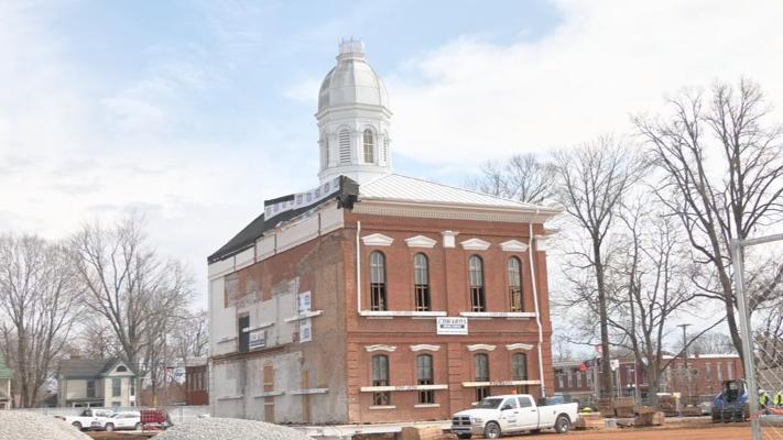 Historic Oldham County Courthouse lifted off foundation ahead of its ...