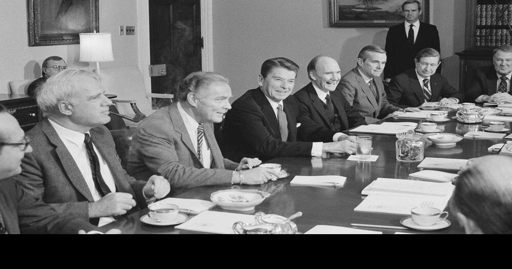 Ronald Reagan in White House Cabinet Room with Brent Scowcroft in ...