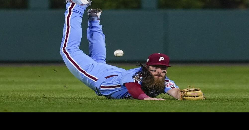 Phillies' Brandon Marsh trying to catch in outfield during Game 5 of WS ...