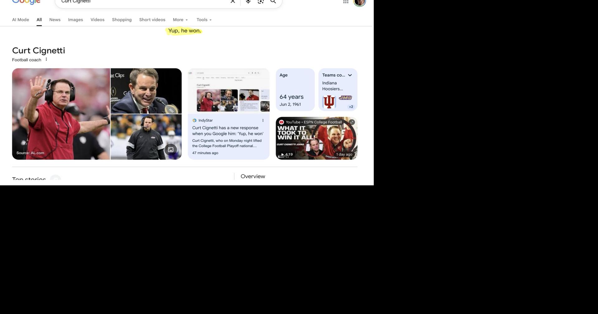 Cignetti said ‘Google me. I win.’ Google’s search result now officially ...