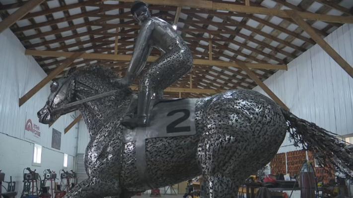 Life-sized Secretariat statue made out of miniature steel Secretariats ...