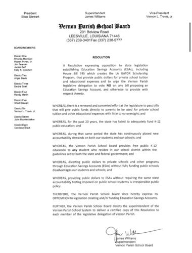 Vernon Parish School Board Publicly Opposing ESA Legislation | News | westcentralsbest.com