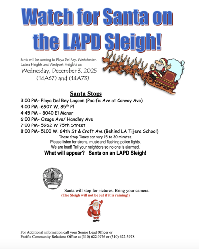 LAPD Santa Sleigh Tour Rolls Through Westside on Dec 3 | Westchester ...