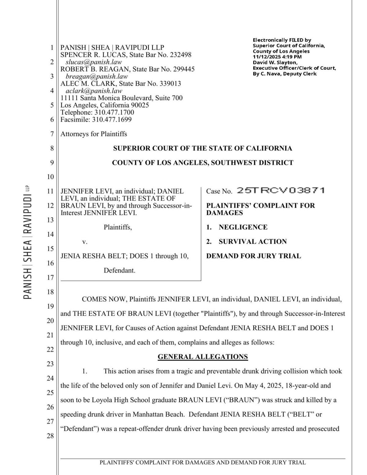 $200M Lawsuit Filed Against Driver in Levi Braun DUI Death | Pacific ...