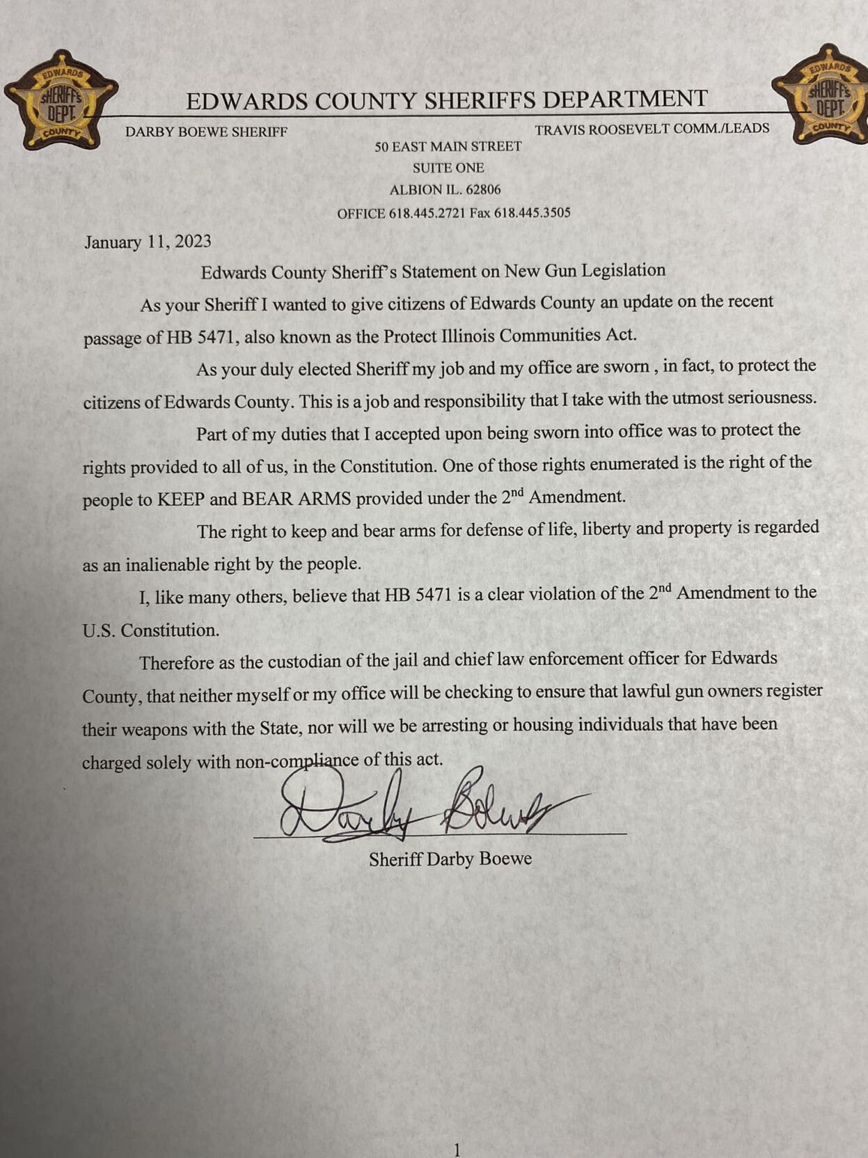 Local Illinois sheriffs won't be enforcing new gun ban, calls it violation of 2nd Amendment ...