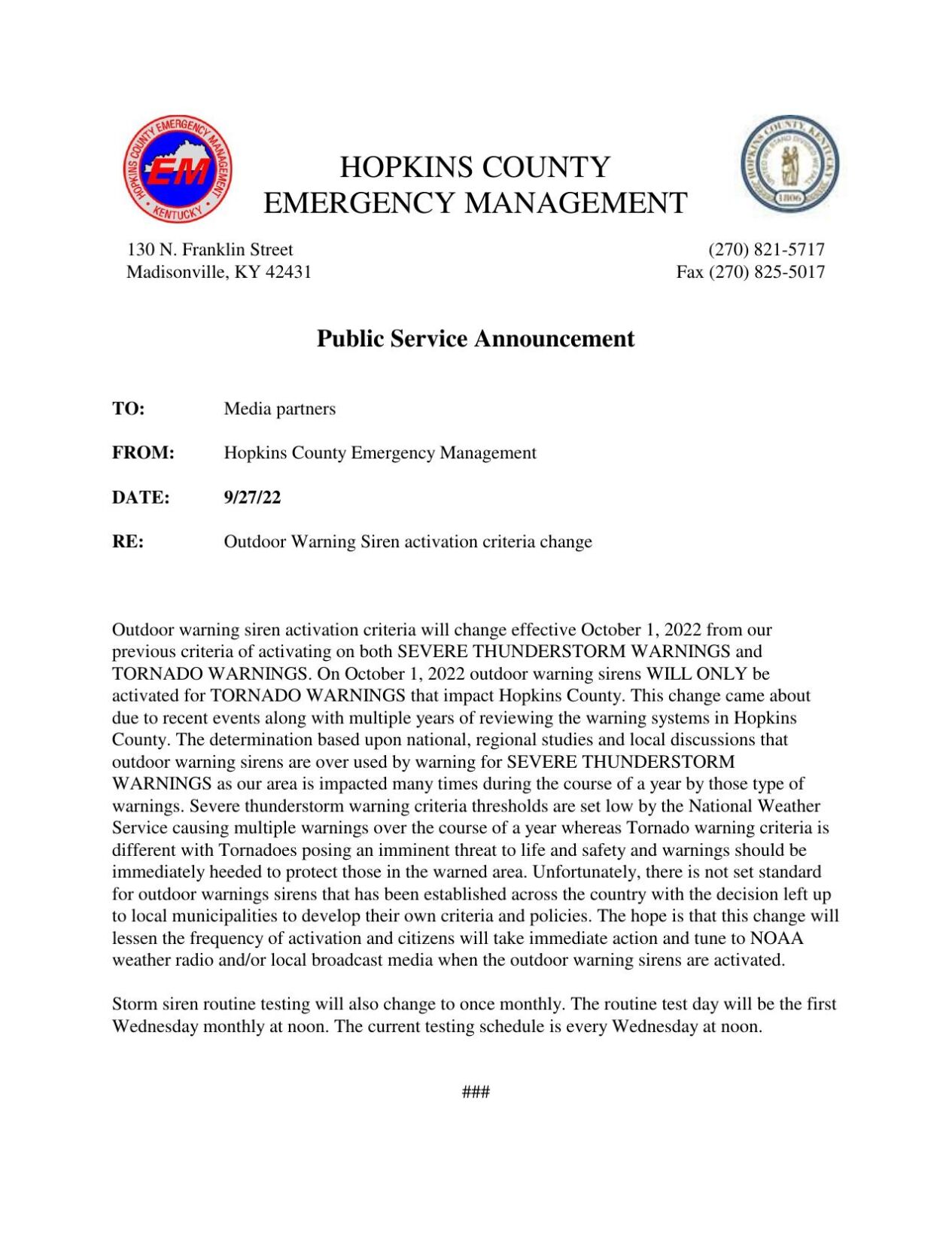 Hopkins County changing criteria for outdoor warning siren activation ...