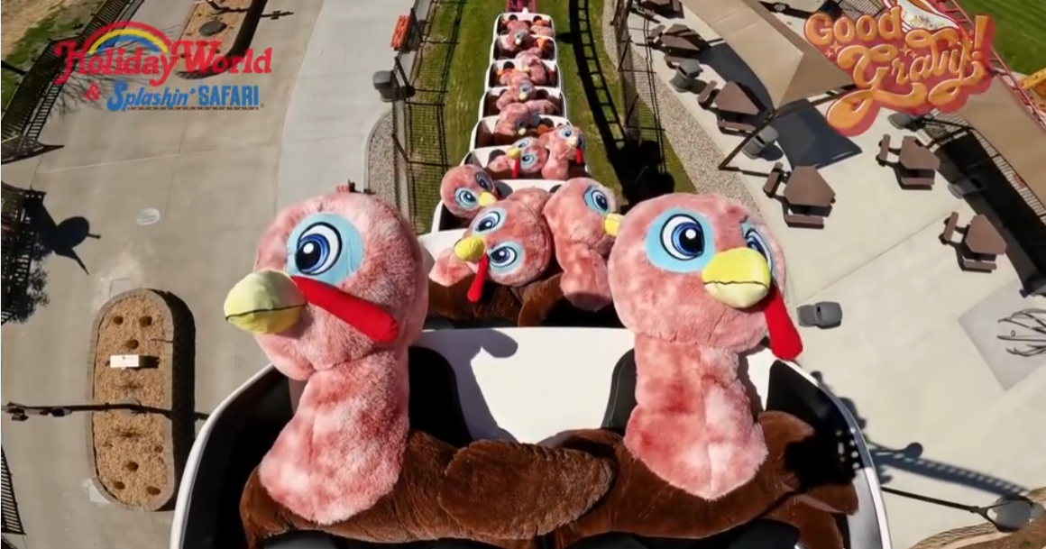 Stuffed turkeys test ride new Good Gravy! coaster at Holiday World ...