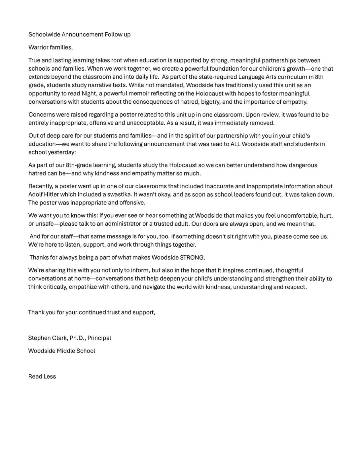 Woodside Middle School addresses inappropriate classroom poster ...