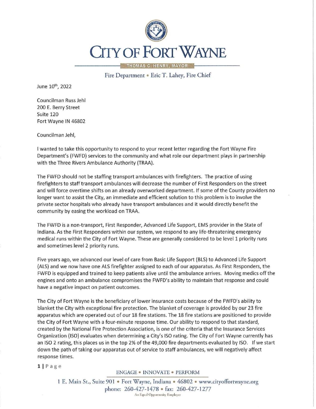 FWFD Chief responds to Fort Wayne Councilman regarding TRAA shortage ...