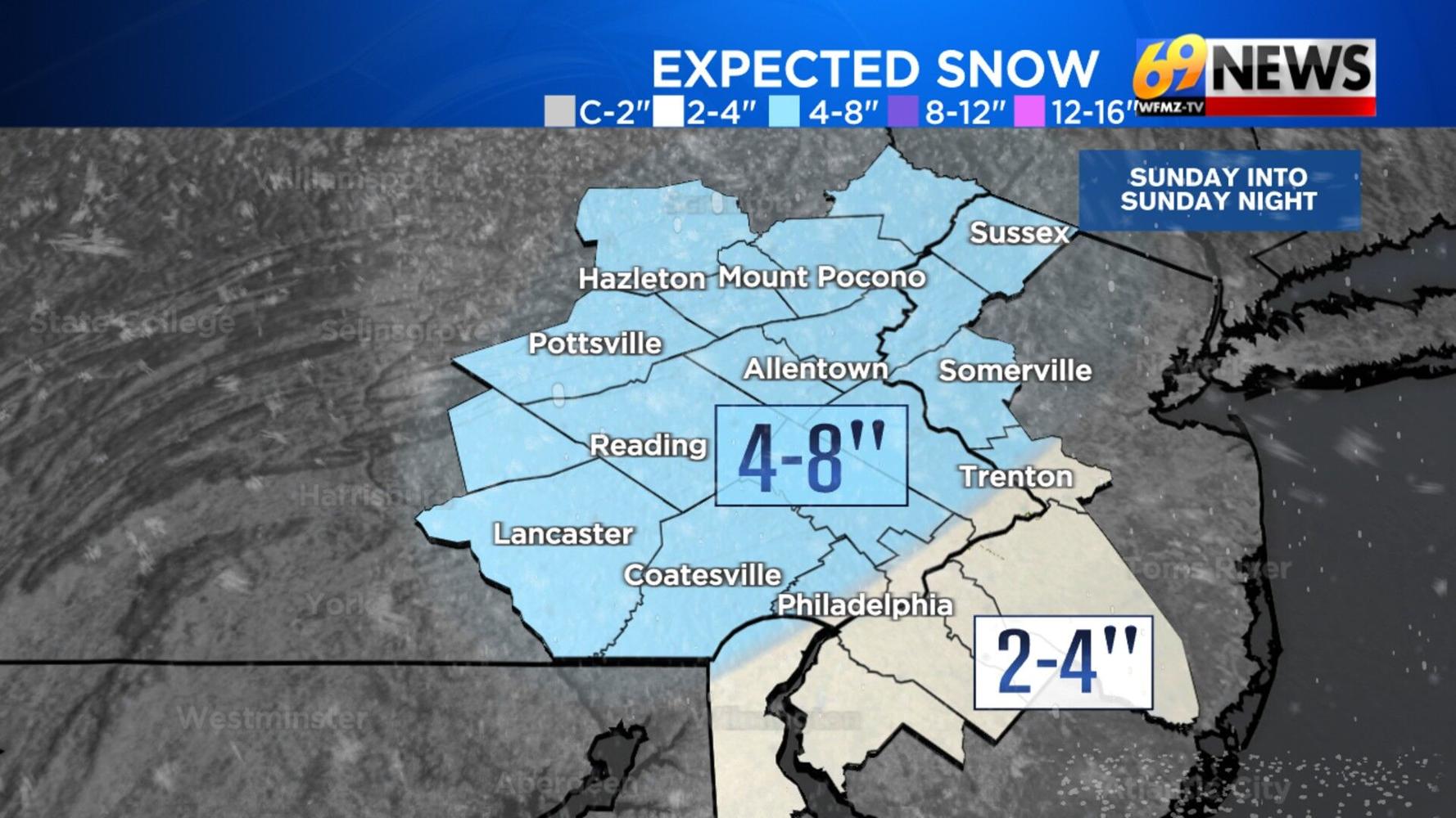Latest snowfall forecast for Sunday: 4-8" of snow expected for much of ...